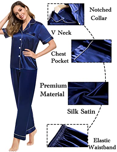 SWOMOG Women Satin Silk Pjs Sets Short Sleeve Top & Pants Soft Loose Loungewear Matching Couple Pajamas Sets Navy Blue
