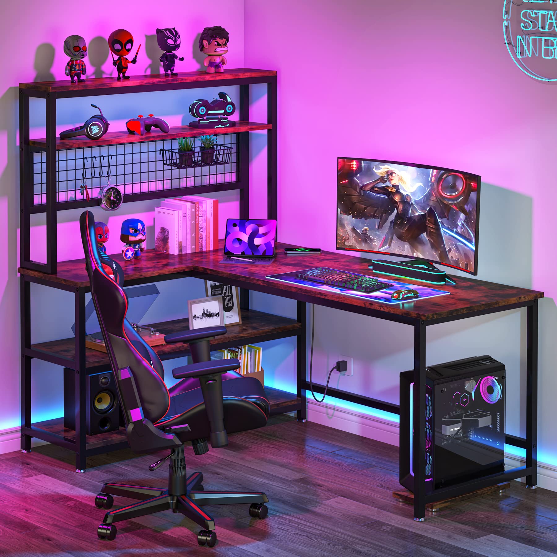 Tribesigns 55" Large Computer Desk with Wireless Charging 5 Storage Shelves, Office Desk Study Table Writing Desk Workstation with Hutch Bookshelf for Home Office (Brown)