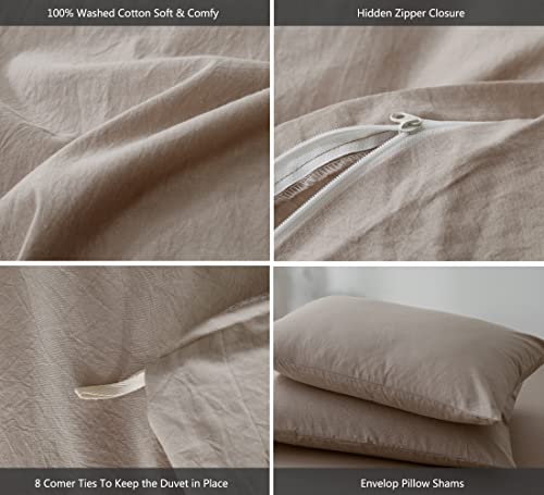 MooMee Bedding Duvet Cover Set 100% Washed Cotton Linen Like Textured Breathable Durable Soft Comfy (Taupe, King Size)