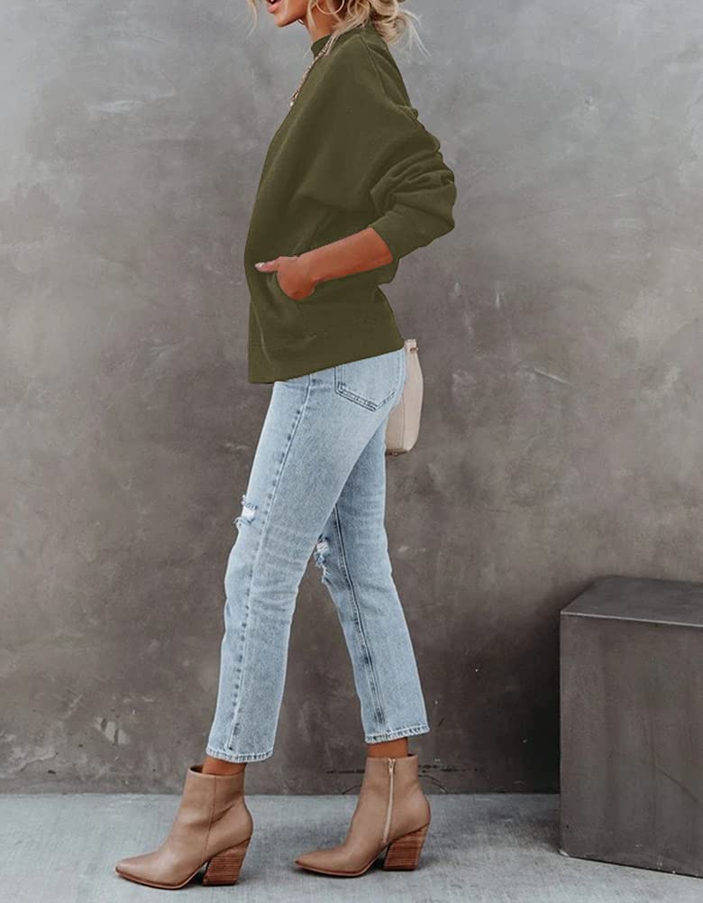 Ezbelle Casual Long Sleeve Crewneck Sweatshirt For Women Lightweight Sweater Pullover Cute Tunic Tops Pockets Army Green Medium