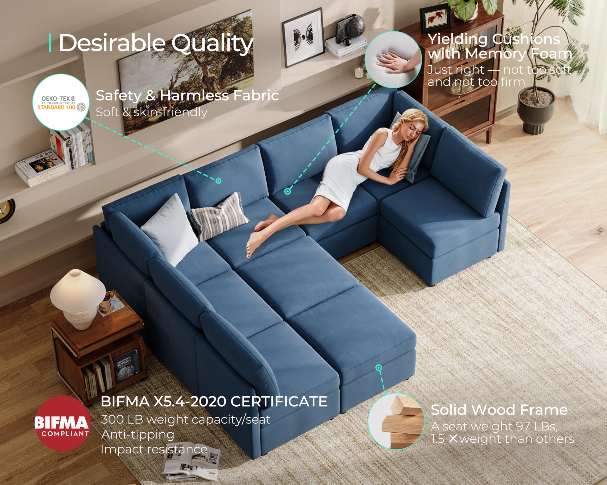 LINSY HOME Sectional Sleeper Sofa, Modular Couch with Memory Foam, Storage Under Each Seat, Sofa Covers Washable Changeable, 7-Seat Sectional Couch with 2 Ottomans, for Living Room, Grey