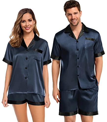 SWOMOG Women's Two Pieces Pajamas Sets Short Sleeve Plus Size Silk Satin Sleepwear Loose PJs Set Loungewear Deep Grey