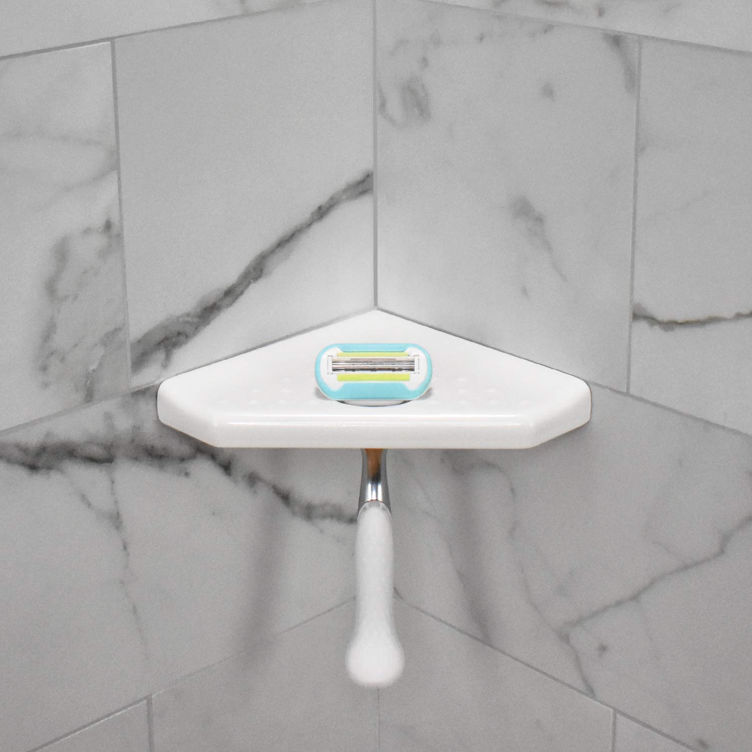 Questech Decor Corner Shower Footrest, Shower Shaving Shelf for Inside Shower Tiled Walls, Bathroom Shower Corner Storage, 5 Inch Corner Shelf Shower Caddy Geo Flatback, Bright White Polished
