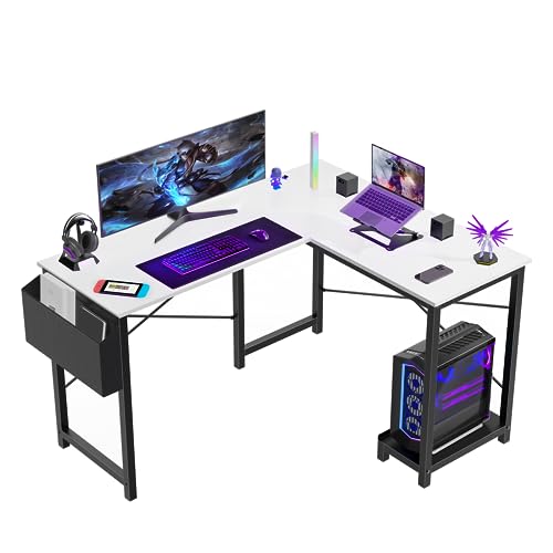 Sweetcrispy L Shaped Gaming Desk, Computer Desk Corner Desks PC Gaming Desk Table with CPU Stand Side Bag for Home Office Dorm Sturdy Writing Workstation, White, 50 Inch