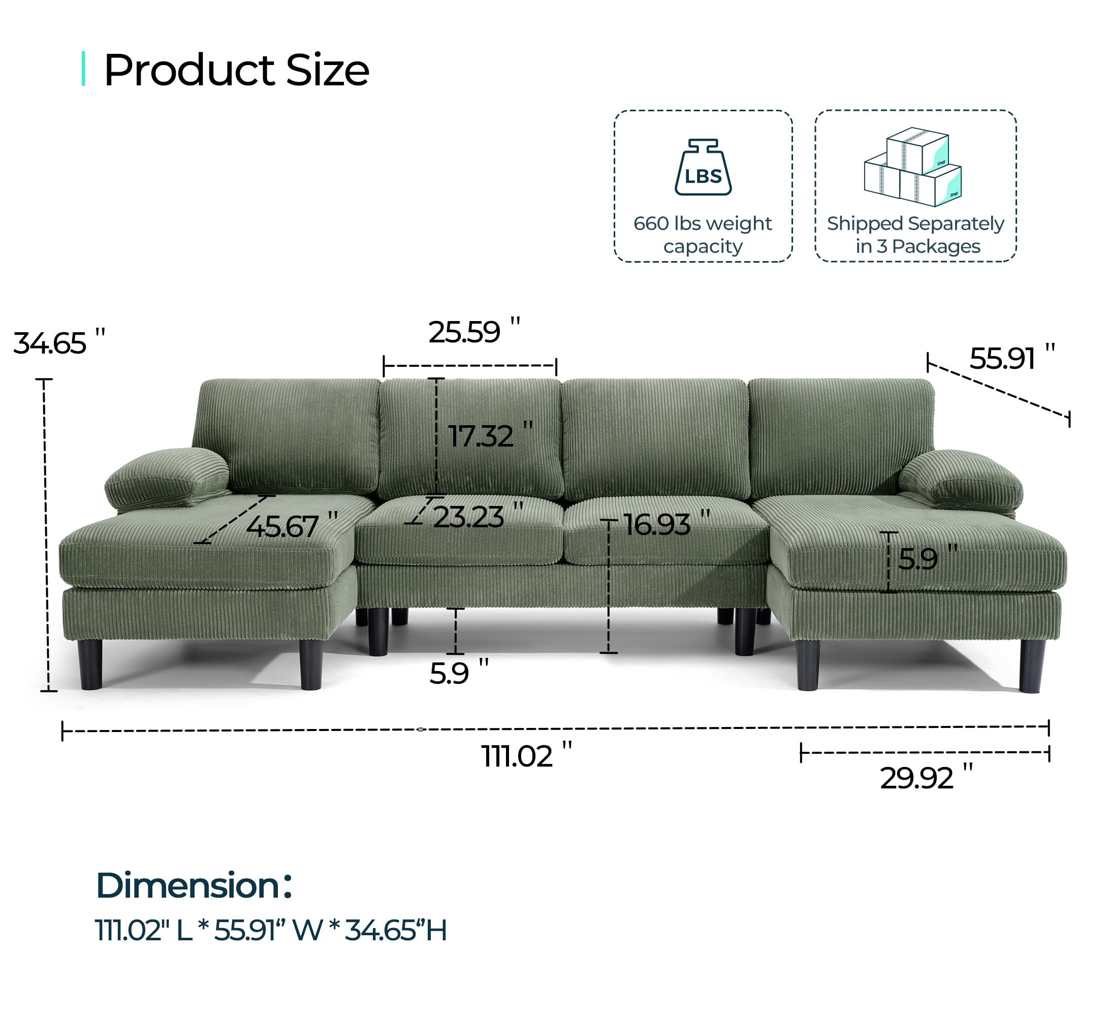 LINSY HOME U Sectional Couch, 111'' W Corduroy Sofa with Sleepable Armrests, 4 Seat Couch with Double Chaises, Deep Sofa for Living Room, Yellow