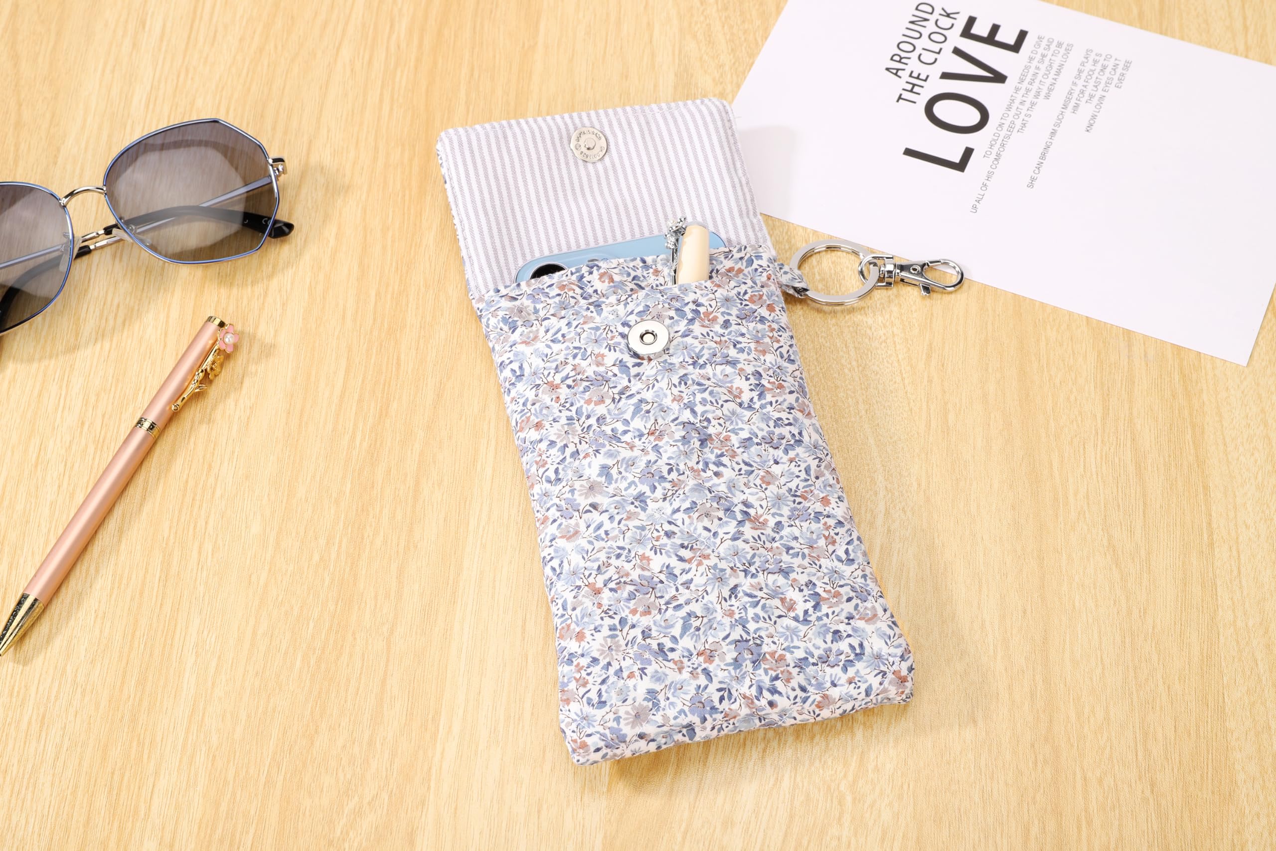 Hongeely Soft Glasses Case Double Eyeglass Case Sunglasses Travel Pouch for Women Men with Key Chain (Floral pattern - Grayish blue)