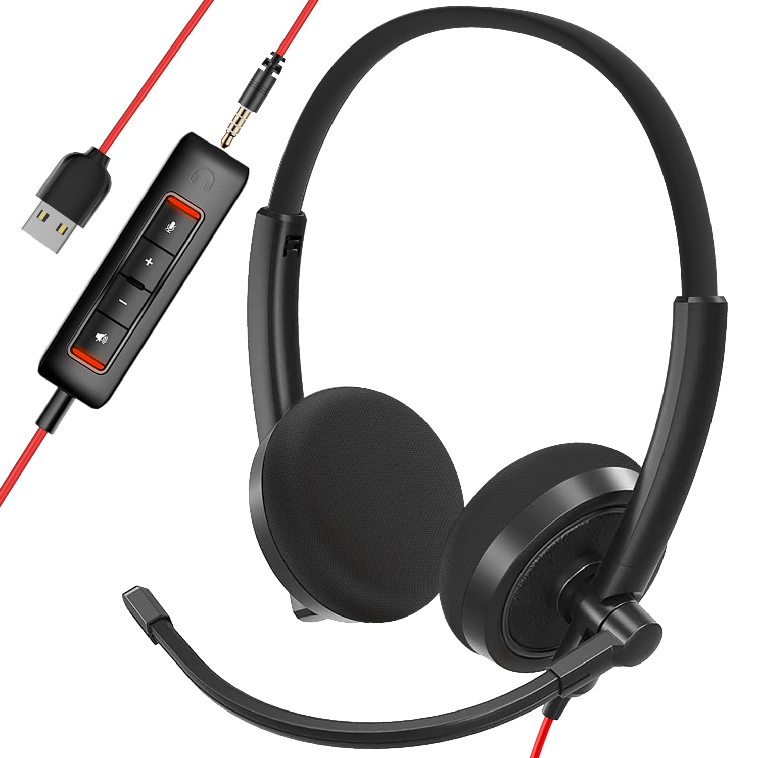 HROEENOI Noise-Cancelling USB Headset - Premium Wired PC and Laptop Headphones - Optimal for Zoom, Skype, Home Office, Call Centers, E-Learning - 5-Year Warranty