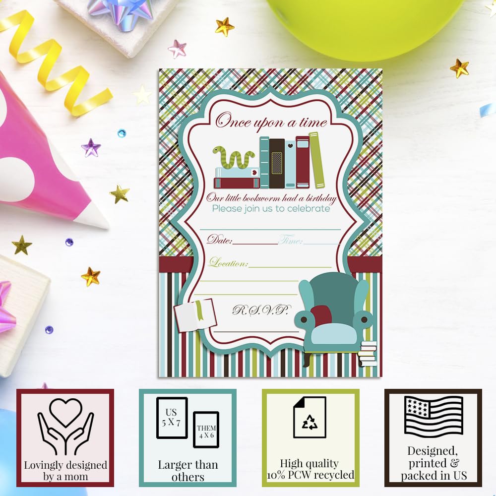 Our Little Bookworm Reading Book Lover Birthday Party Invitations, 20 5x7 Fill In Cards with Twenty White Envelopes by AmandaCreation