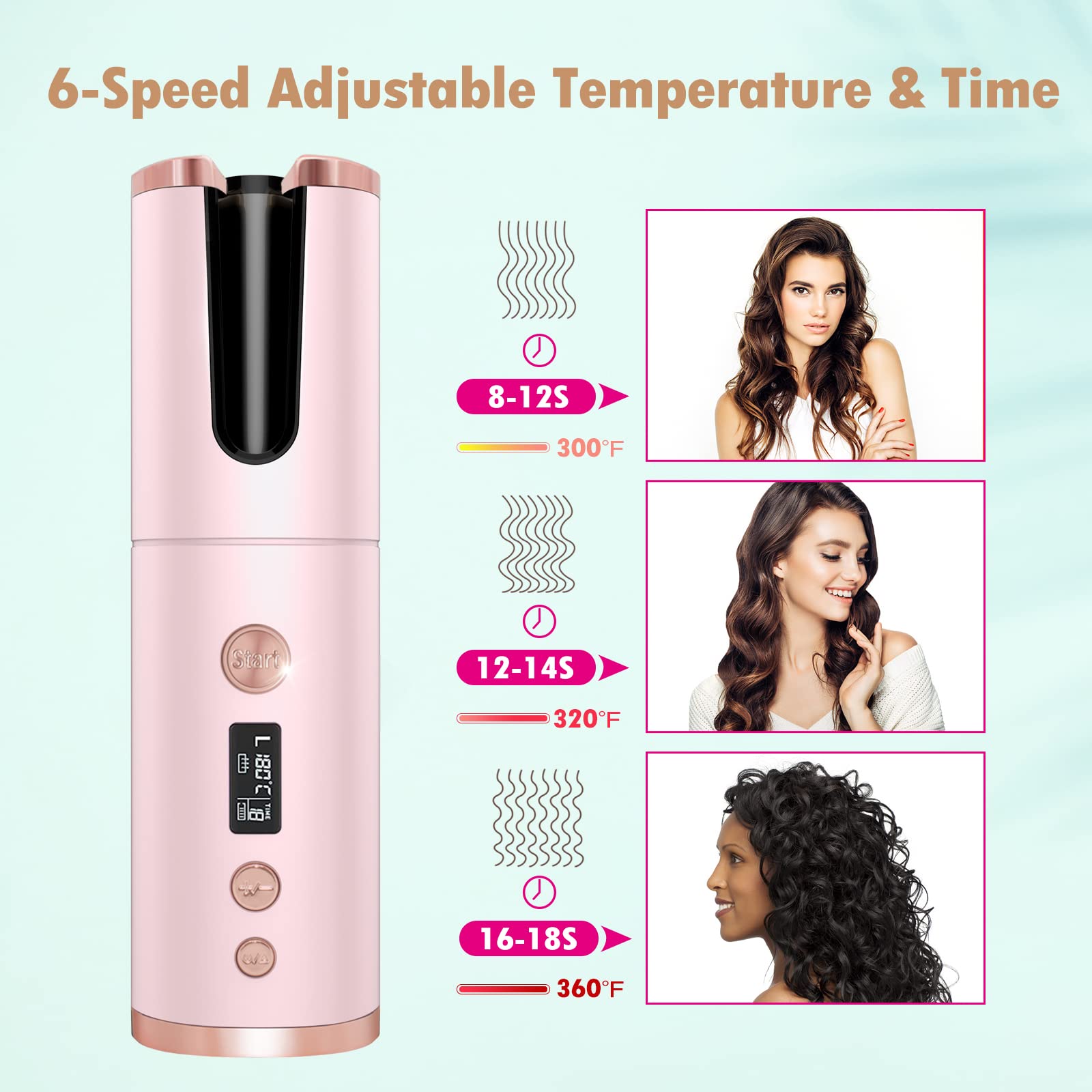 Cordless Automatic Hair Curler, Auto Curling Iron with LCD Display Adjustable Temperature & Timer, Ceramic Hair Curler USB Charging and Rechargeable, Portable Hair Styler for Travel (Pink)