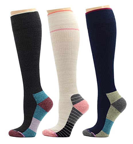 Dr. Motion Women Outdoor Hiking Walking Compression Knee High Socks With Enhanced Cushion Wicking Heat Retaining Yarn 3 Pairs