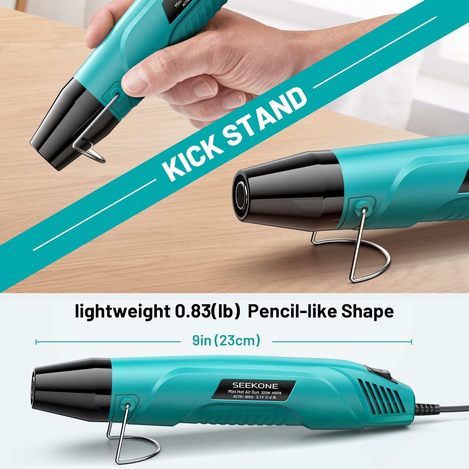 SEEKONE Handheld Heat Gun, 662℉ Portable Mini Hot Air Gun with 4.9Ft Long Cable, Overheat Protection and Fast Heating Reflector Nozzle for DIY, Craft Embossing, Shrink Wrapping, Electronics