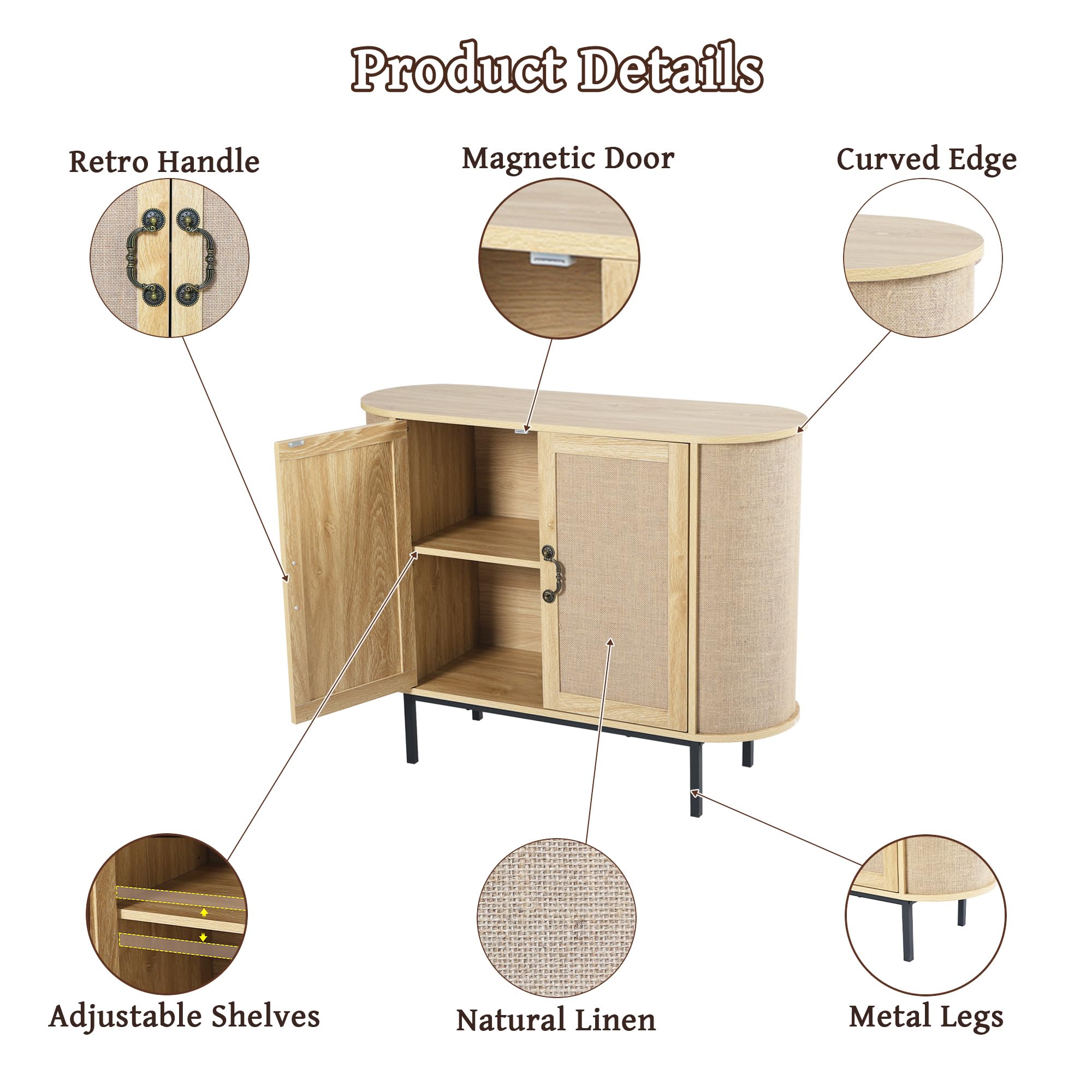 FurSch 40” Sideboard Buffet Cabinet with Storage,Oval Small Buffet Cabinet,Boho Rattan Accent Cabinet Sideboard for Living Room,Dining Room