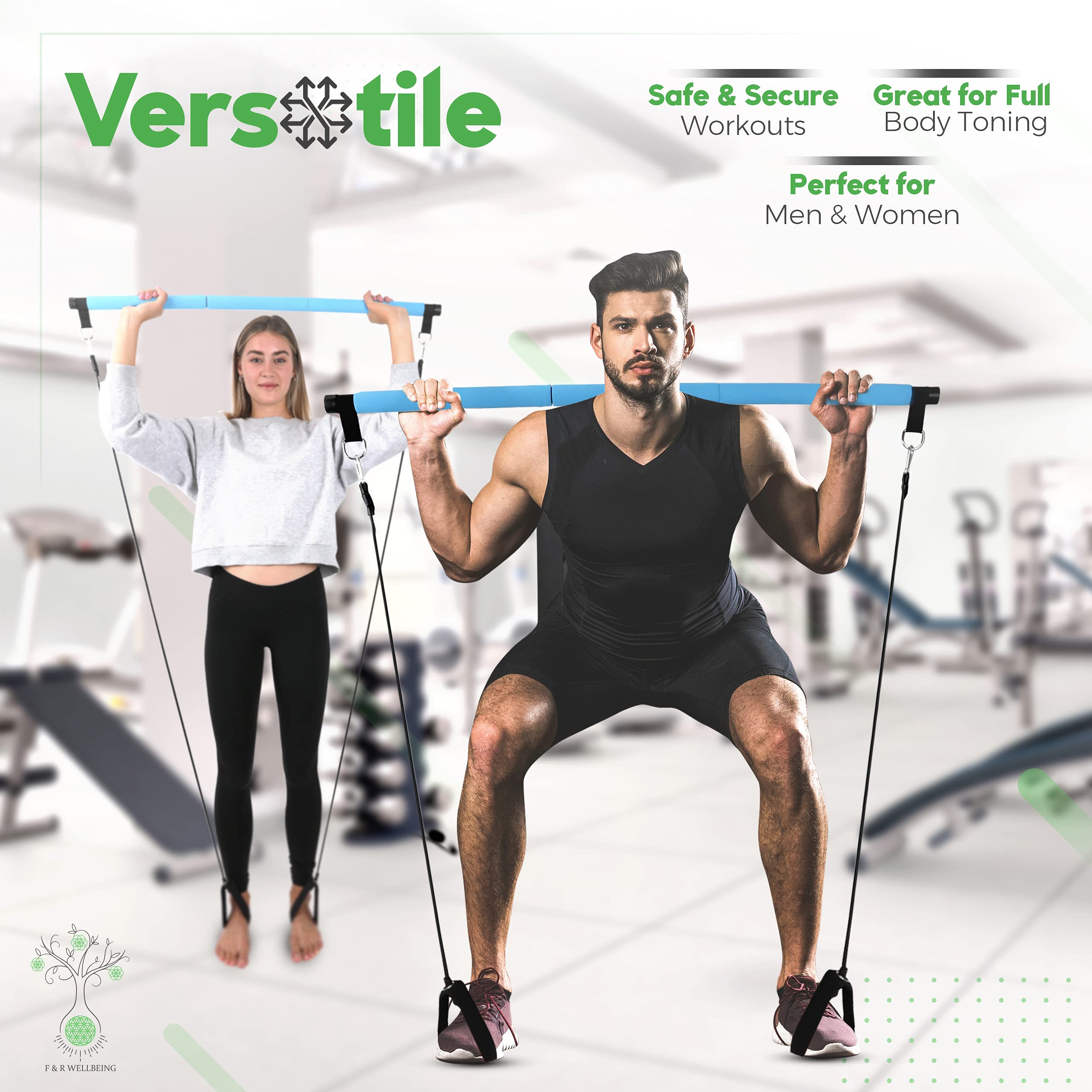F & R Wellbeing Pilates Bar Kit Home Gym Equipment – 3 Sections Portable Bar with Workout Bars Resistance – Body Sculpting Stretch Bands for Exercise – Ideal Exercise Bar for Home, Travel, Office
