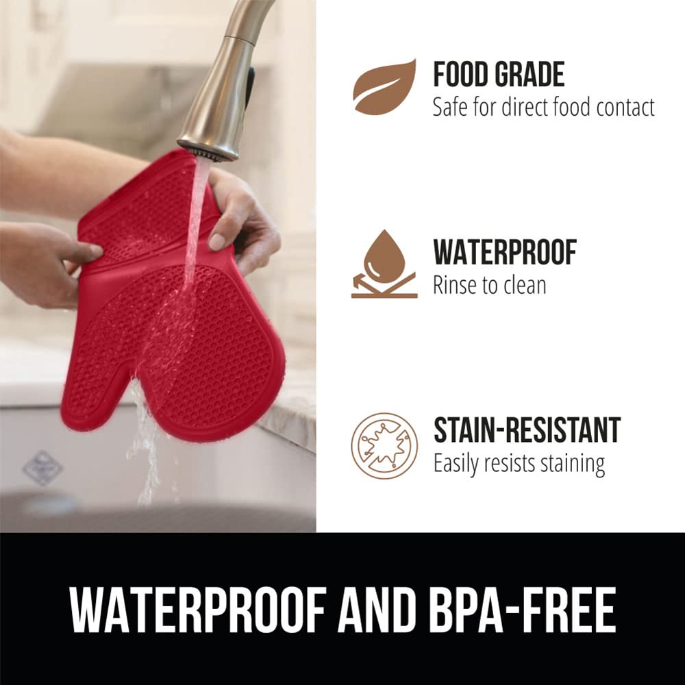 Gorilla Grip Silicone Oven Mitts Set of 2 and Silicone Baking Mats Set of 2, Silicone Oven Mitts are 14.5 Inch, Quarter Sheet Silicone Baking Mats, Both in Red Color, 2 Item Bundle