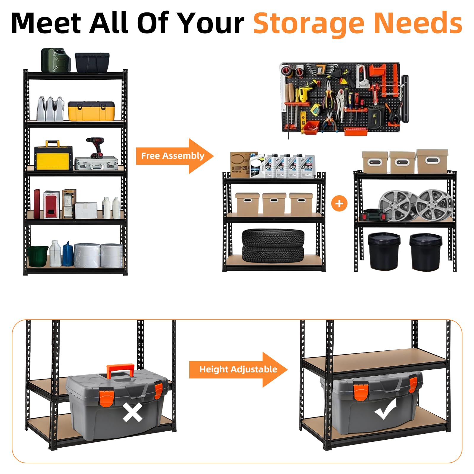 LinTimes Garage Shelving, 71" Garage Storage Shelves Heavy Duty Shelving Units, Loads 3860 Lbs, Adjustable 5 Tier Utility Shelves for Garage Basement Laundry, Utility Shelf Rack, Black