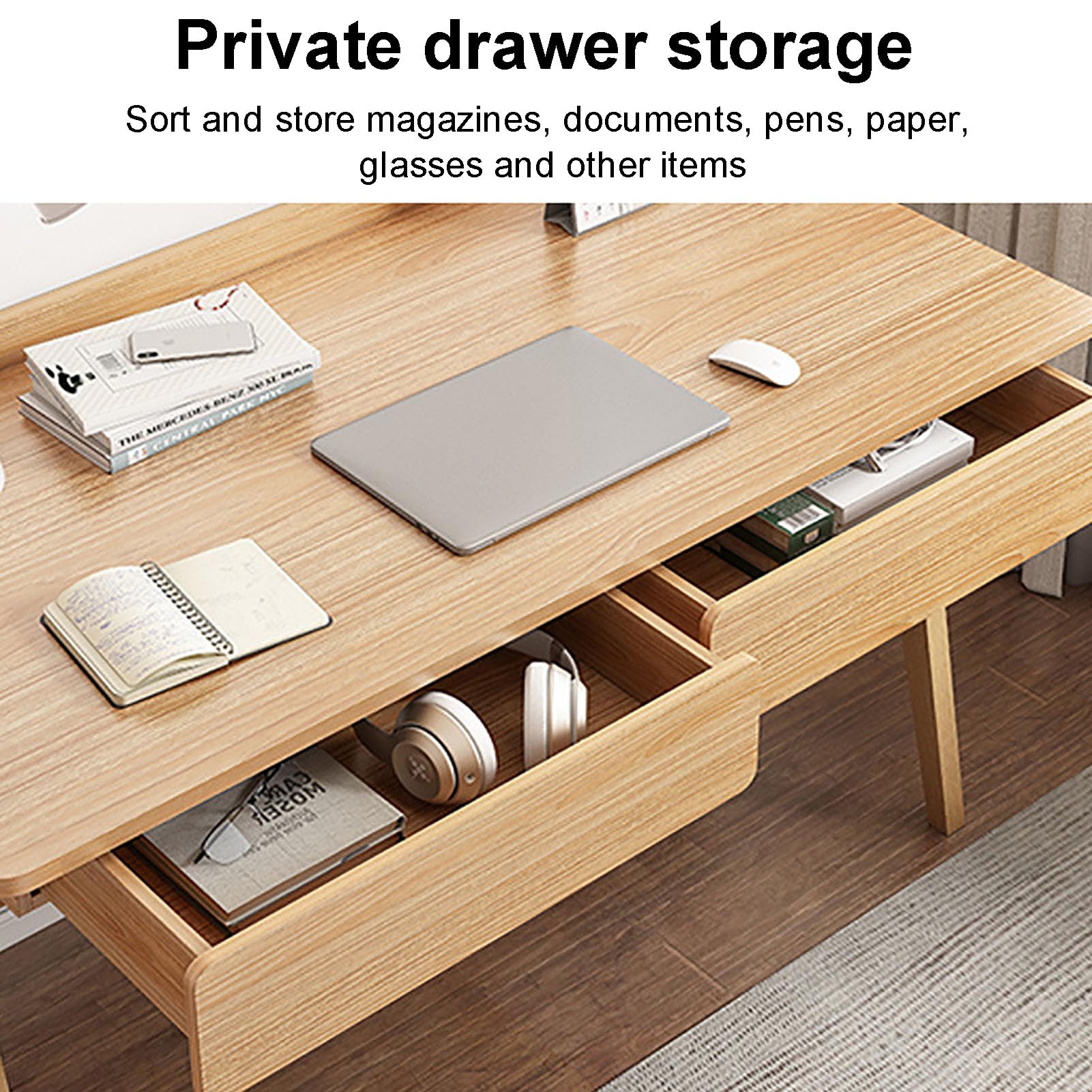 INSTR Home Office Writing Desk with Drawers and Storage Shelf, Mid-Century Modern Study Desk Wood PC Table Workstation Simple Computer Desk for Working & Learning(80x50x82cm(31x20x31inch), Wood)