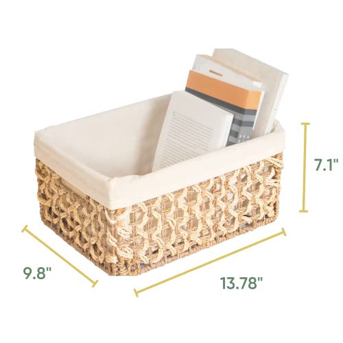 WERORA - Wicker Storage Basket for Shelves with Detachable Lining, Foldable Woven Basket Organizer Bins Set of 2, Seagrass Storage Basket Bins, Rectangle Pantry Baskets for Storage