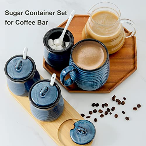 Hasense Porcelain Condiment Jar,10oz Spice Container with Lid Spoon and Bamboo tray,Small Salt Sugar Pepper Seasoning Pots Box Set of 3,Ceramic Condiment Container for Home kitchen Counter(Blue)