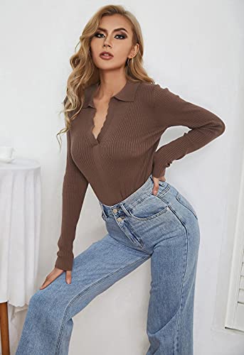 Kate Kasin Womens Polo Long Sleeve Sweater Scalloped V Neck Knit Tops Solid Ribbed Lightweight Pullover Shirts Coffee XL