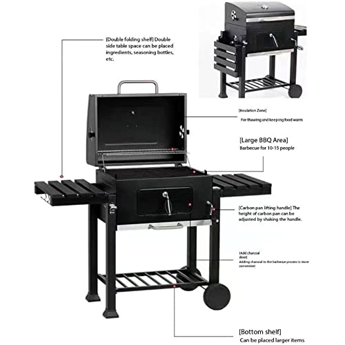 DADHI Trolley Smoker Durable Collapsible Charcoal BBQ Grill,Charcoal-Fueled BBQ Grill with Bottom Shelf Black
