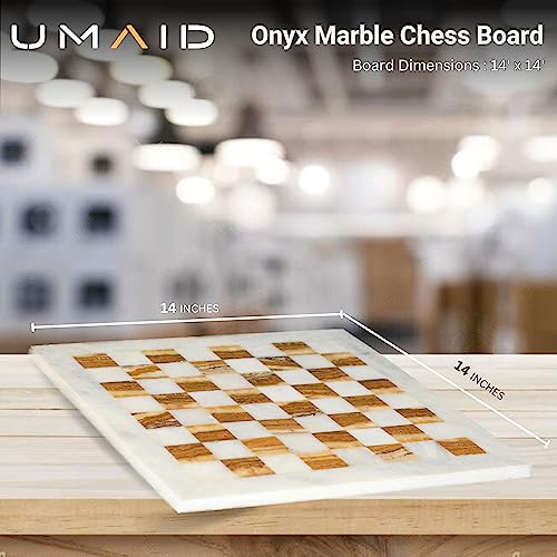 UMAID Handmade Marble Chess Set Board Game with Luxury Velvet Gift Box, 14β White & Brown Elegant Onyx Marble Chess Board, Unique Chess Sets for Adults and Modern Marble Home Decor
