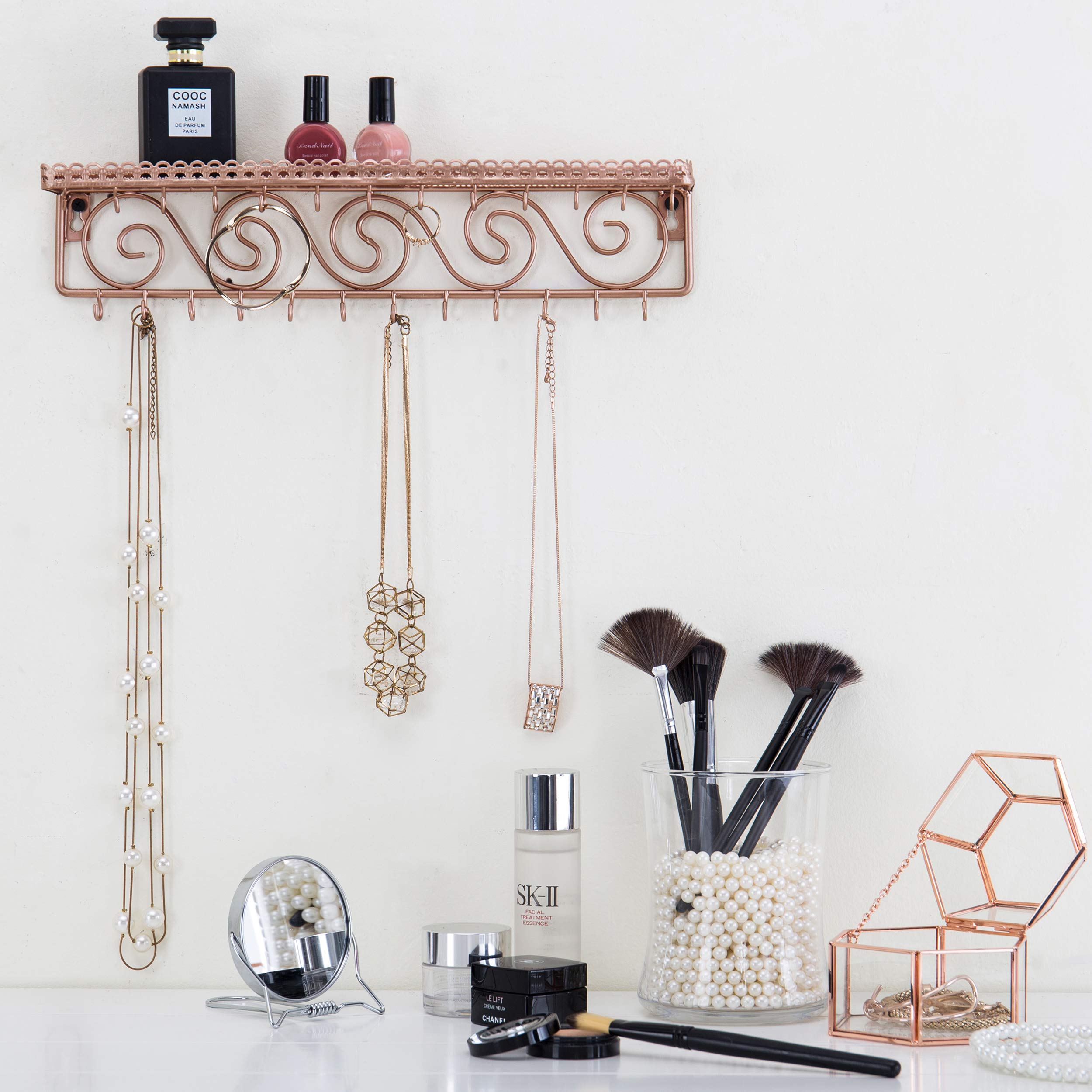 MyGift Rose Gold-Tone Metal Wall Jewelry Holder Organizer and Cosmetics Shelf Rack with 25 Necklace Hooks