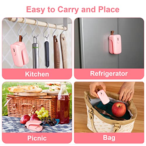 Mini Bag Sealer, Kenossion Chip Bag Sealer - Bag Sealer Heat Seal with Cutter & Magnet, Portable Mini Sealing Machine to Reseal Plastic Bags & Keep Snacks Fresh-Pink (2xAA Batteries Included)