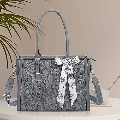 MOSISO Laptop Bag for Women, 15.6-16 inch PU Leathe Tote Bag Compatible with MacBook, HP, Dell, Asus Notebook, Front Embossed Retro Hibiscus Computer Bag with Silk Scarf&Clutch Purse, Gray