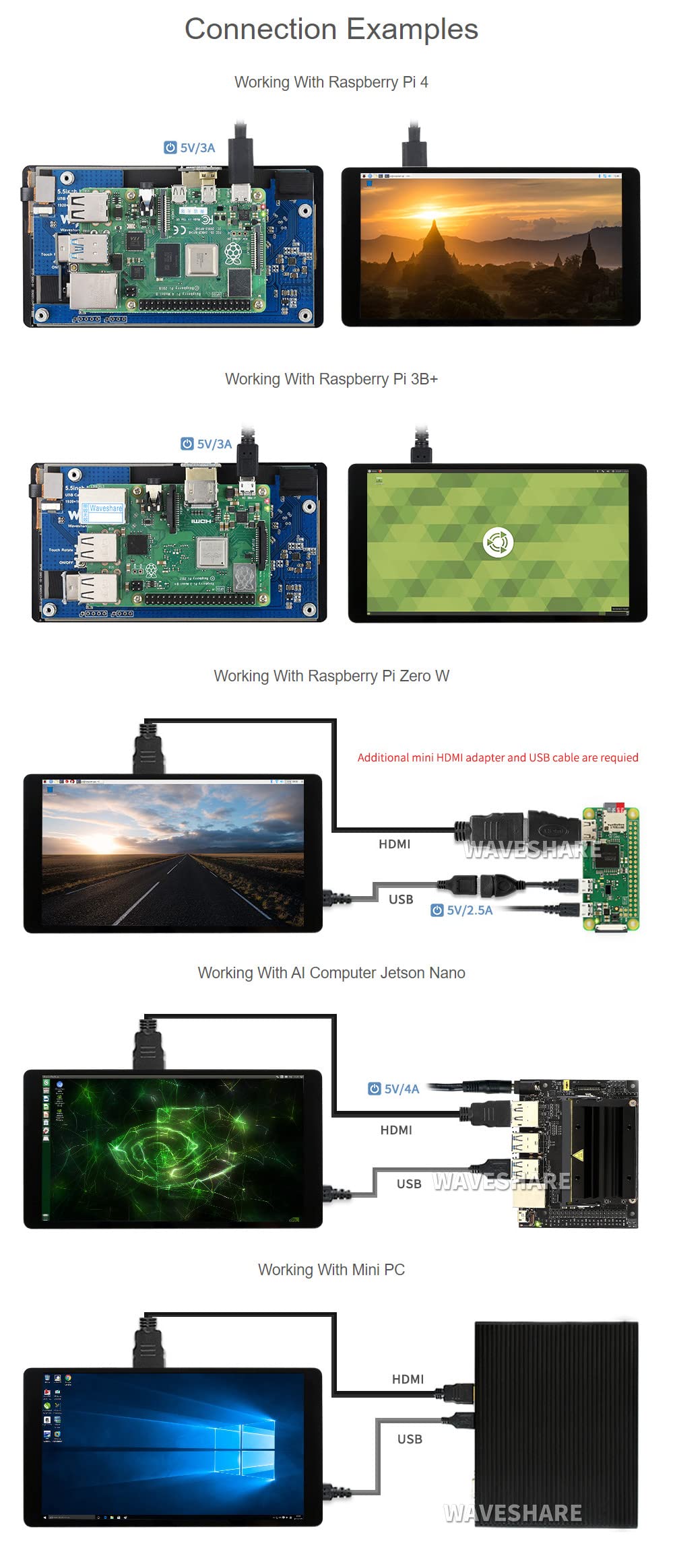 iiunius Waveshare 5.5inch HDMI AMOLED Display for Raspberry Pi 4B+ 4B 3B+ 3B 2B Zero Zero W WH Jetson Nano PC 1080×1920 Capacitive Touch 170° Wide Anlge