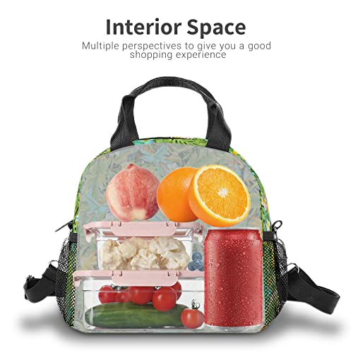 Yrindyiz Tropical Parrot Lunch Box, Reusable Palm Leaf Lunch Bag Thermal Lunch Box with Adjustable Shoulder Strap Tote Bag for Boys Girls Women Men