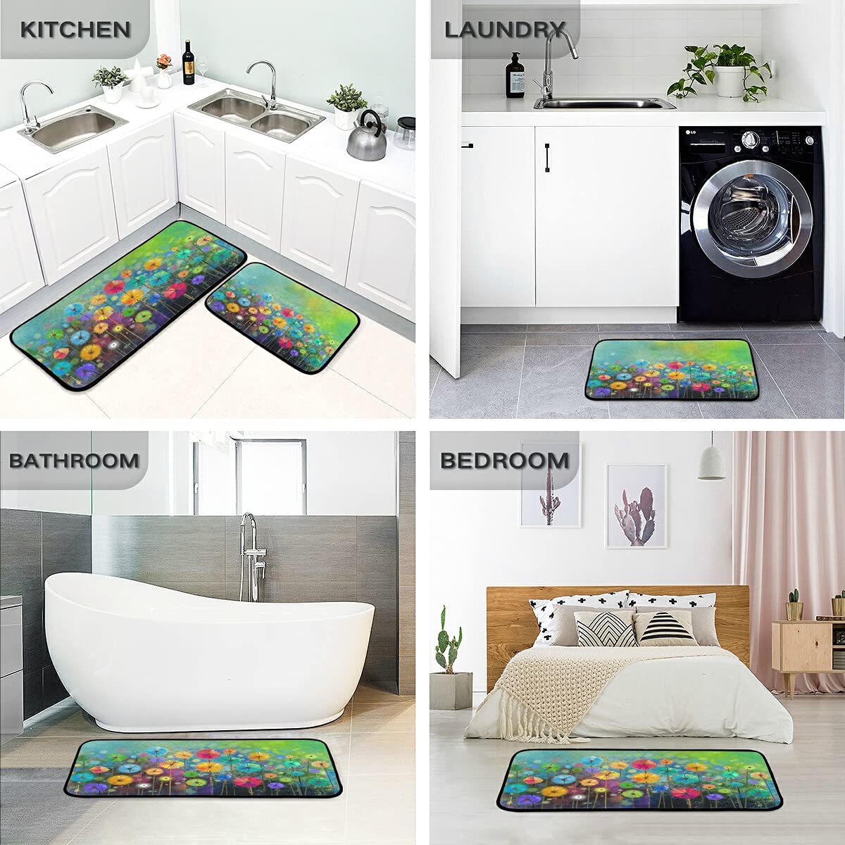 Emelivor Spring Kitchen Rugs and Mats 2 Piece Non Slip Washable Flower Runner Rug Set for Floor Rainbow Kitchen Decor and Accessories