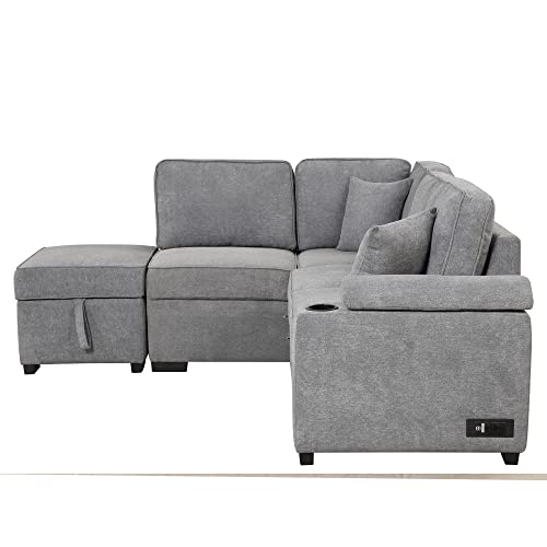 Convertible L-Shaped 5-Seat Sectional Sofa with Sleeper, Storage, and Cup Holders