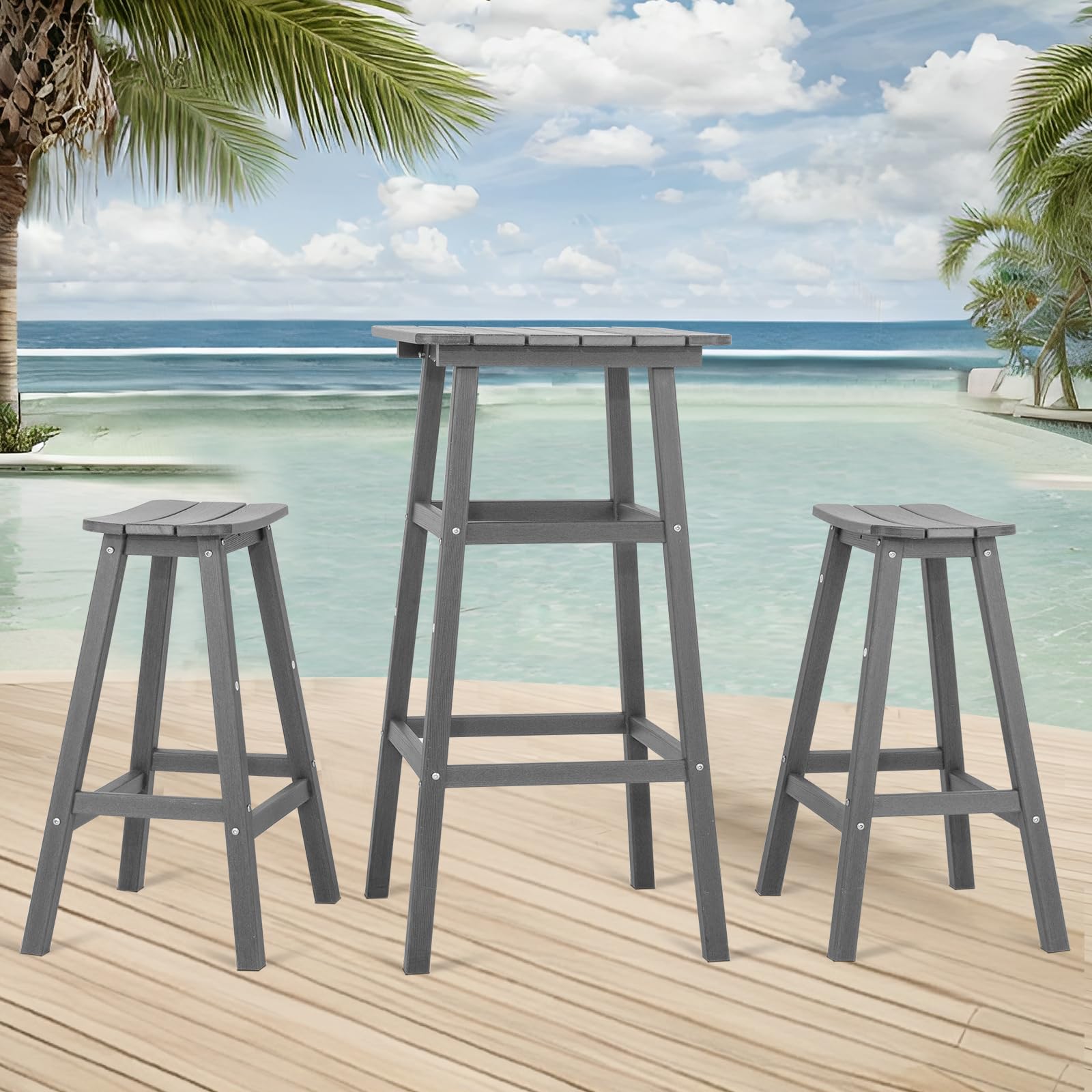 INTOBOO 3 Pcs Adirondack Outdoor Bar Table and Chairs Set, Round Bar Height Patio Set, HDPE Bar Set for Balcony, Garden, Poolside (Grey)