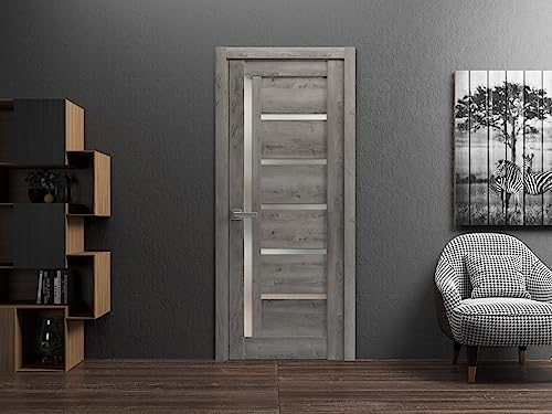 Solid French Door 42 x 80 inches | Quadro 4088 Nebraska Grey with Frosted Glass | Single Regular Panel Frame Trims Handle | Bathroom Bedroom Sturdy Doors