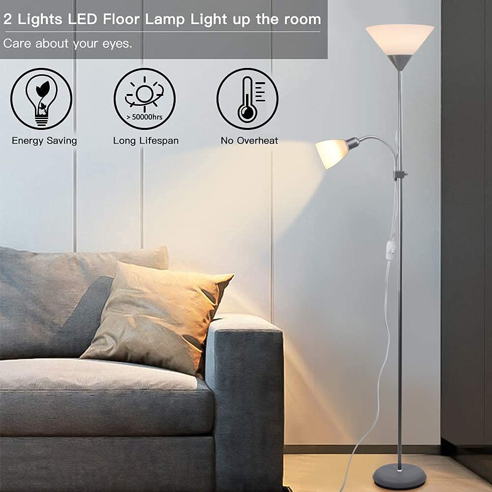 DINGLILIGHTING LED Floor Lamp DLLT Mother-Daughter Floor Lamps with Reading Lights, Modern Standing Pole Light, Torchiere Free Standing Lamp for Living Room, Bedroom, Office (Silver)