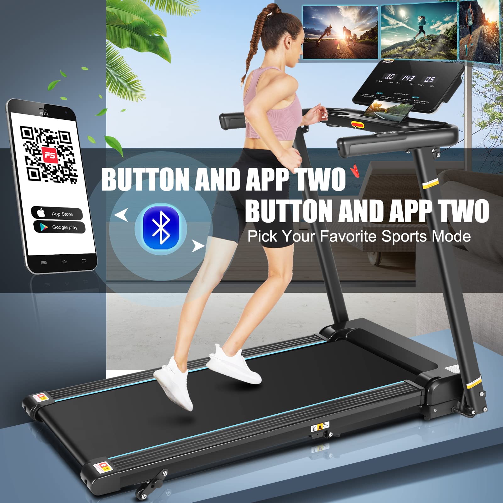 fannay Treadmills for Home,Under Desk Folding Treadmill,2-in-1 Running,Walking & Jogging Portable Running Machine with Bluetooth Speaker & Remote Control,5 Modes & 12 Programs,No Assembly Required