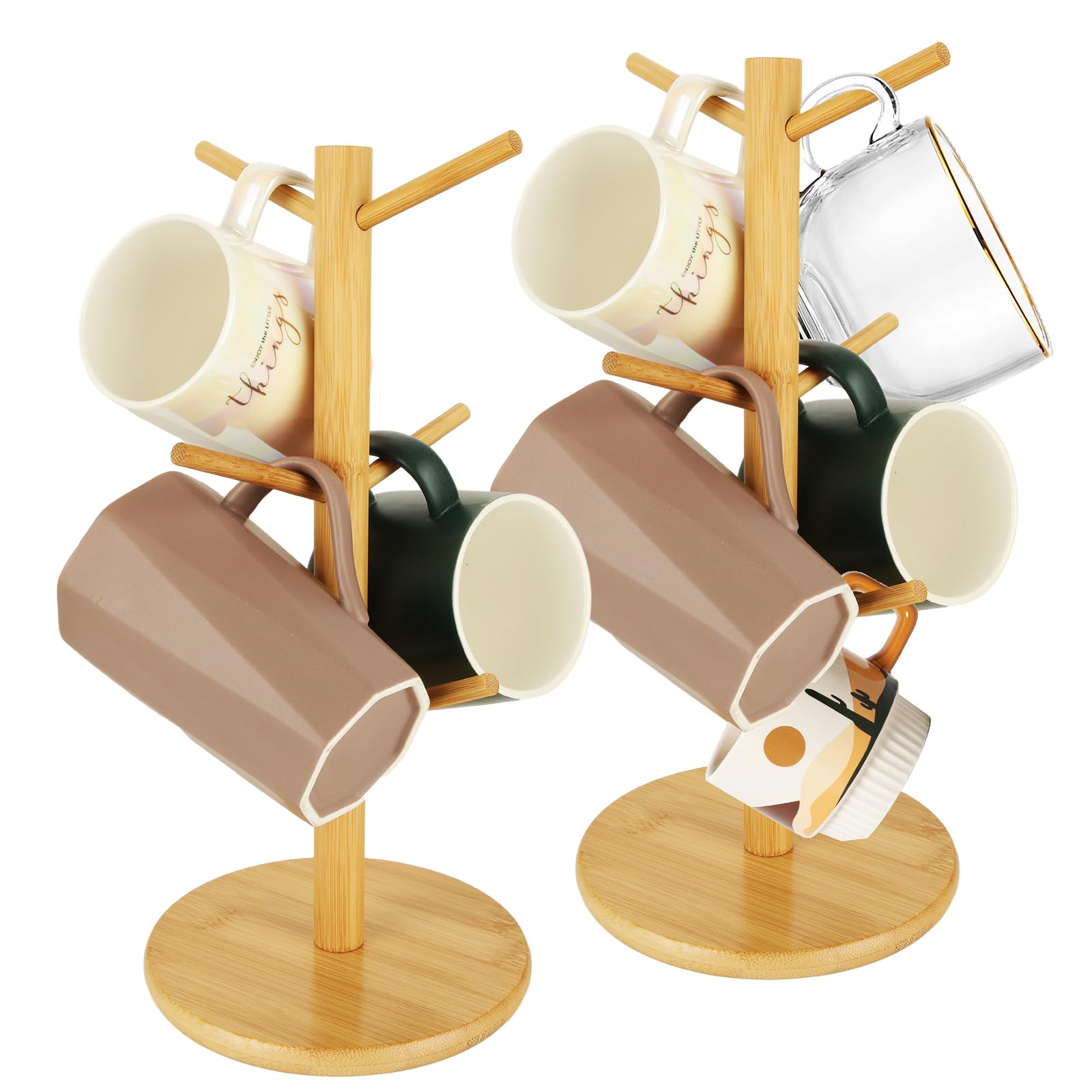 LDXDRU 2Pcs Mug Holder Tree, Bamboo Coffee Mug Holder, Coffee Mug Tree, Coffee Cup Holder with 6 Hooks Mug Stand for Countertop, Coffee Bar Accessories & Decor