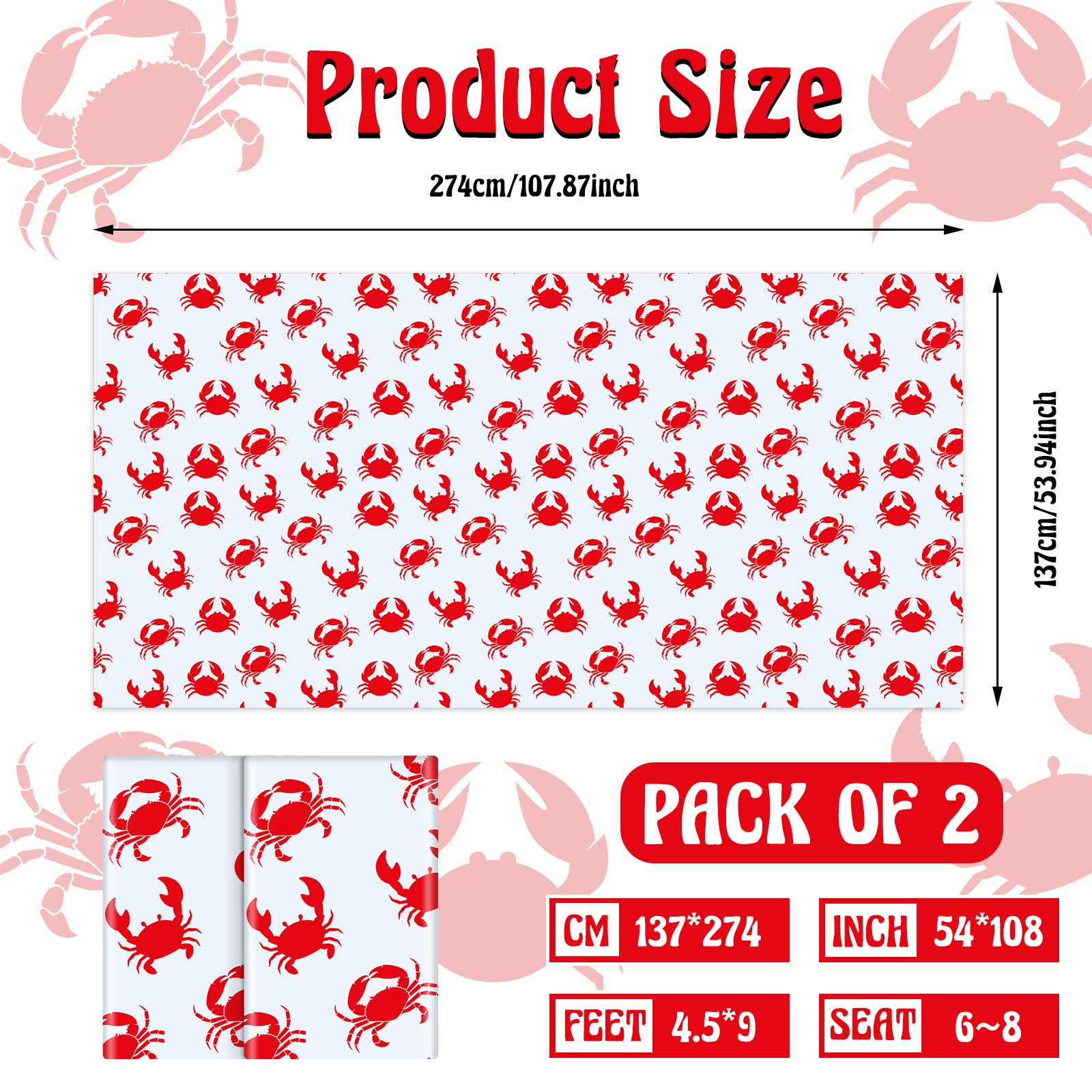 Juexica 54 x 108 Inch Crab Boil Party Table Cloth Summer Seafood Party Supplies Plastic Crab Tablecover Crab Party Decorations Rectangular Tablecloth for Sea Animals Dining Kitchen Centerpiece(2 Pcs)