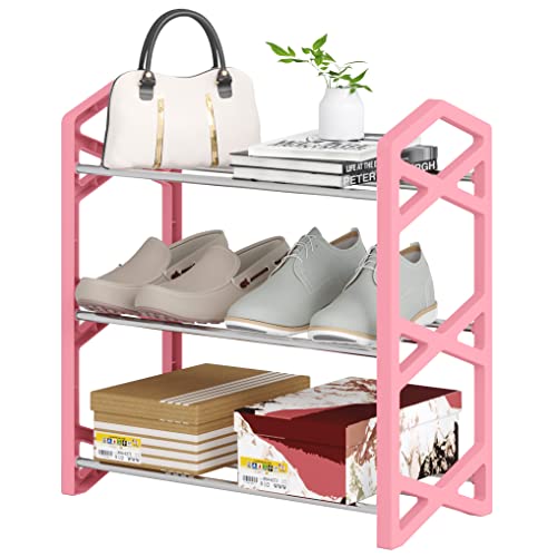 Hockmez 3-Tier Small Shoe Rack .Multifunctional Lightweight Kids Shoe Shelf Storage Organizer for Entryway Hallway Closet Bathroom Living Room (Pink)