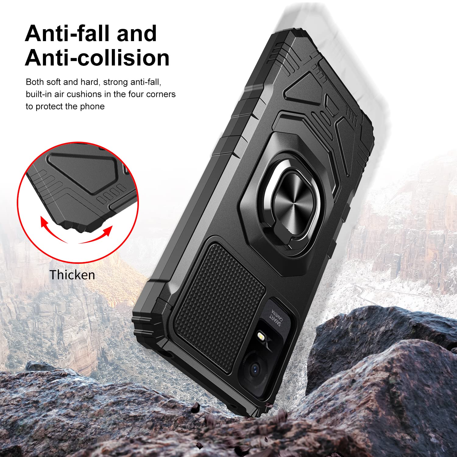 Compatible for TCL ION X Case/TCL ION V Case with Tempered Glass Screen Protector [Military Grade] Ring Car Mount Kickstand Shockproof Hard Phone Case - Black