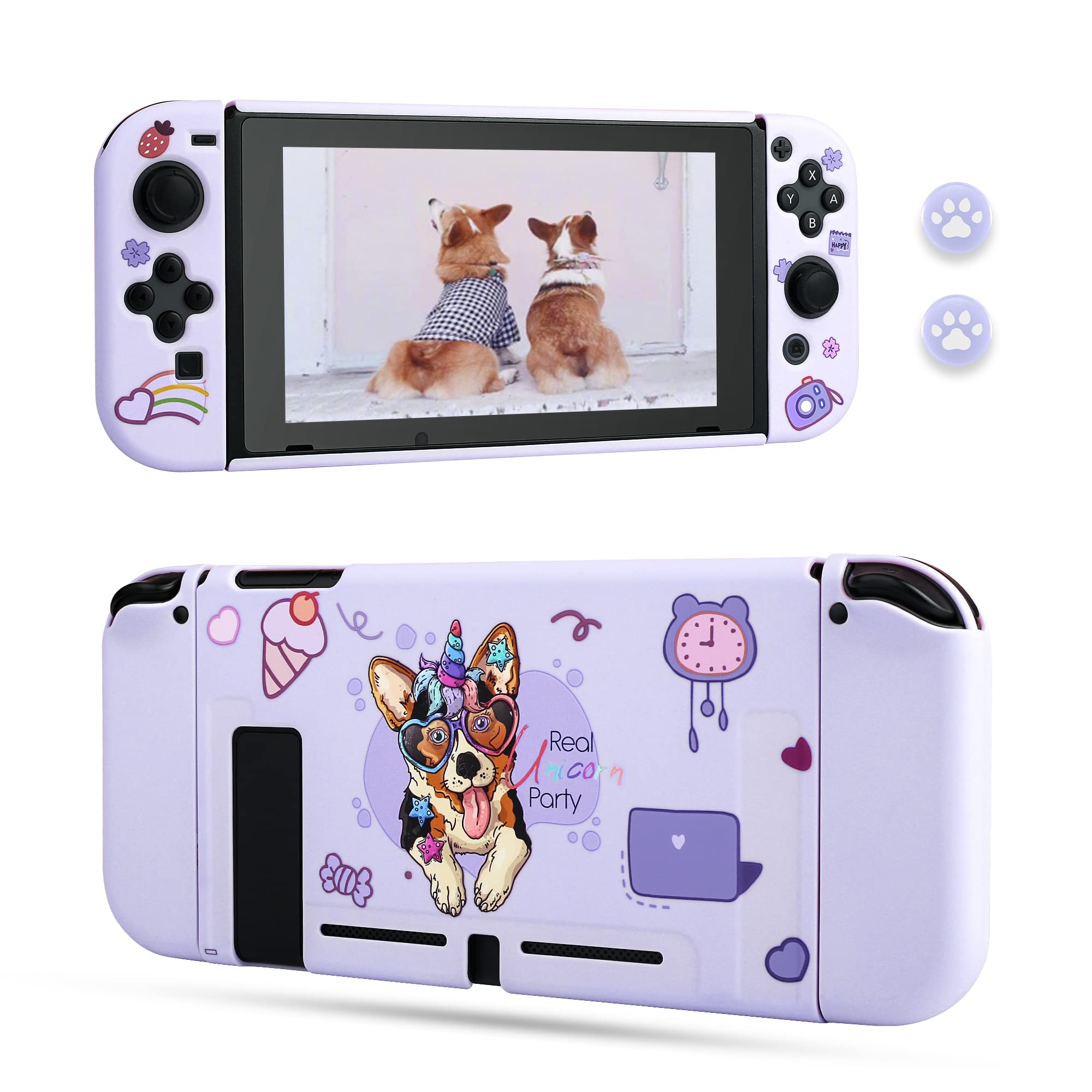 FANPL Cute Protective Case for Nintendo Switch, Hard PC Case Cover Compatible with Switch Console and Joy Con, 2 Purple Glitter Paw Thumb Caps - Purple Corgi Dog Pattern