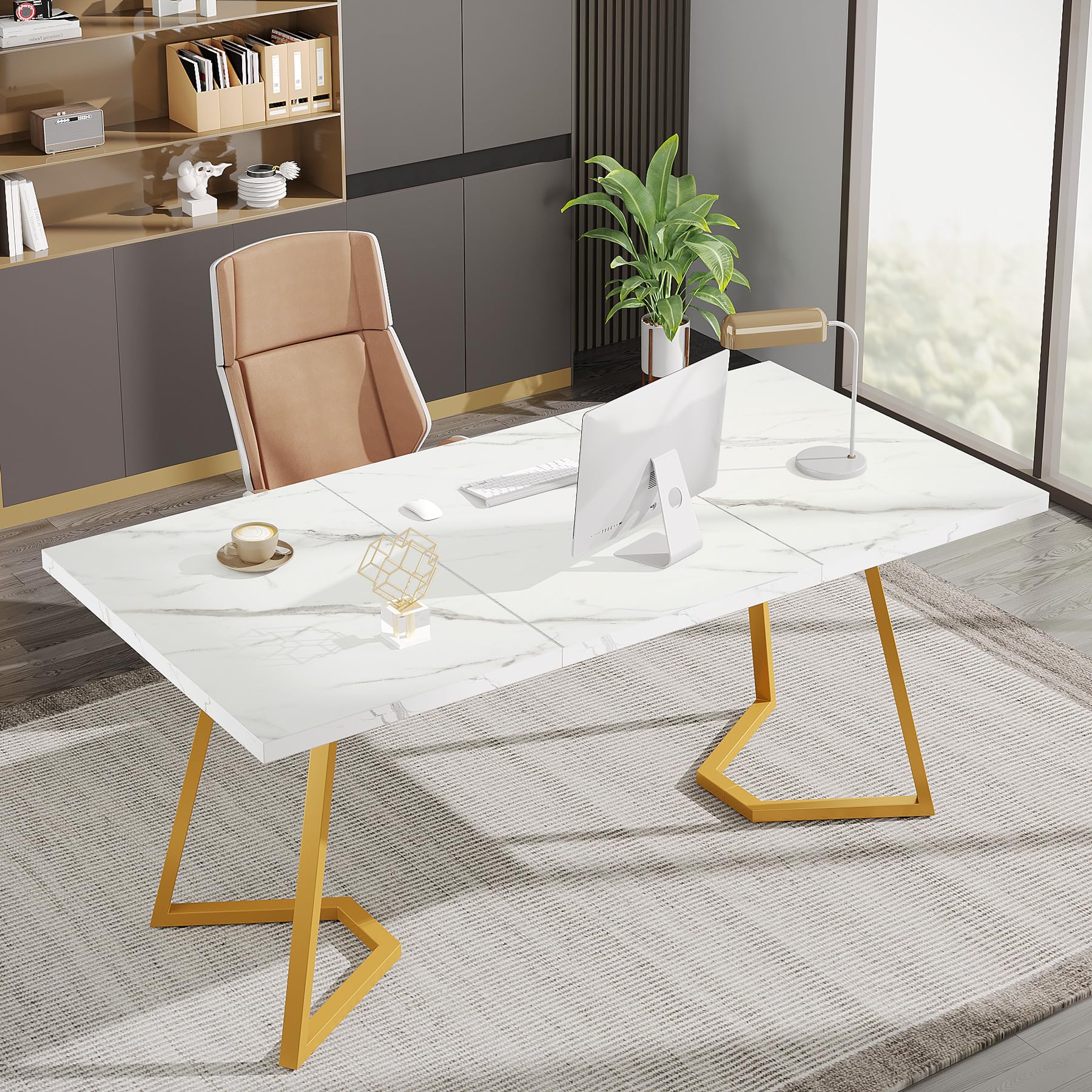 Tribesigns Modern Gold Computer Desk: 55 Inches White and Gold Home Office Desk with Metal Legs, Faux Marble Study Writing Table for Small Spaces, Simple Desk for Bedroom