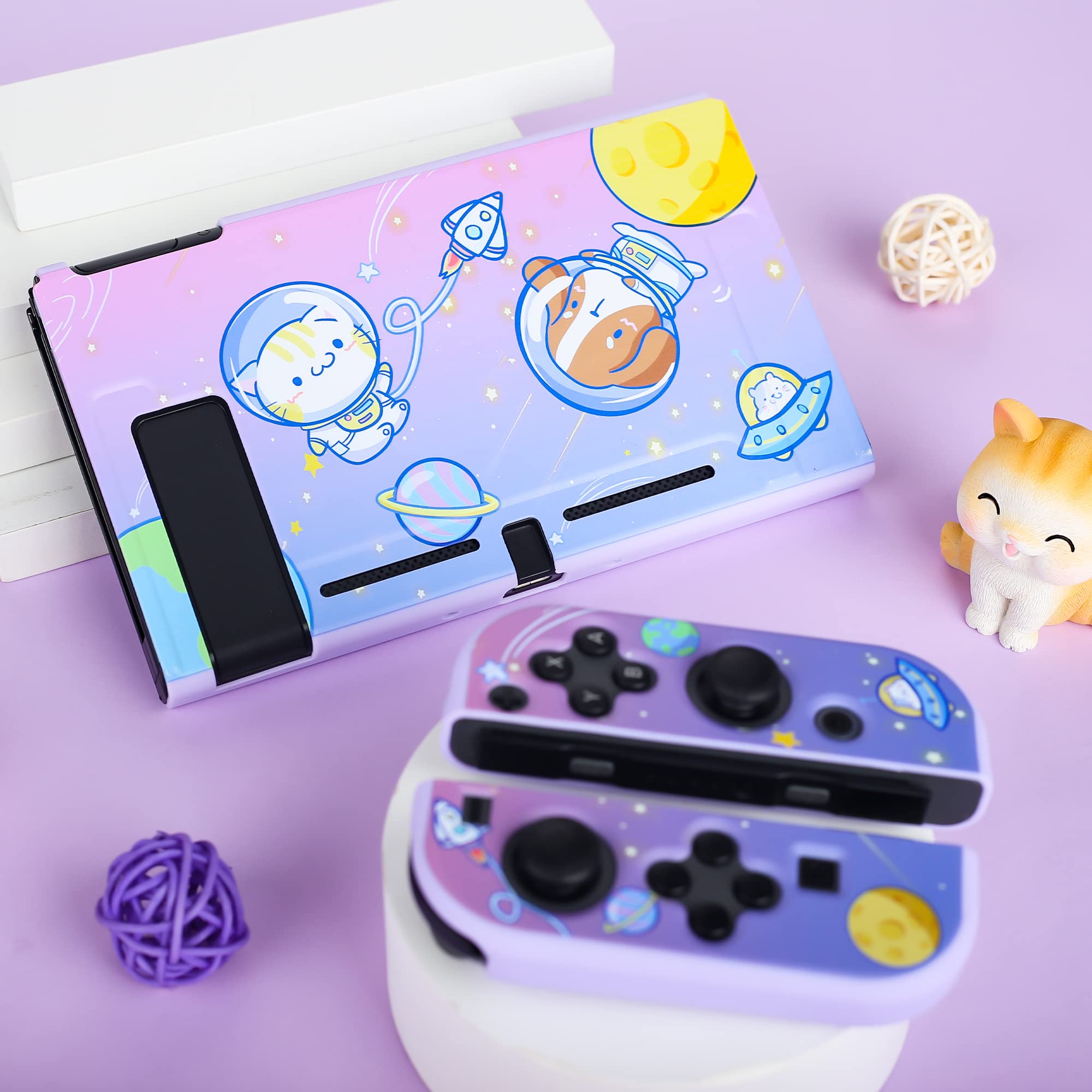FANPL Purple Case for Nintendo Switch, Soft TPU Protective Case Compatible with Switch Console and Joy Con Controller, Cute Dockable Shell, Kawaii Switch Skin Accessories - Universe Cat & Dog Pattern