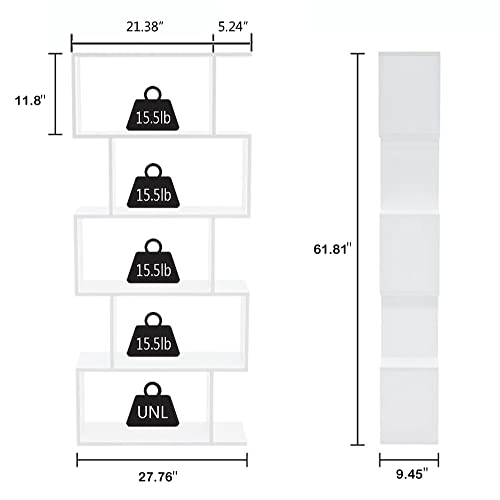 Yusong Bookshelf 5-Tier, Geometric Bookcase S Shaped Book Shelves for Bedroom, Modern Wood Decorative Display Shelf Book Case for Home Office, White