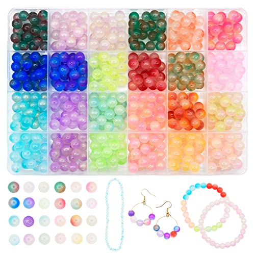 JOJANEAS 600Pcs 8mm Glass Beads for Jewelry Making, 24 Colors Gradient Gemstone Beads Crystal Beads Bracelet Making Kit DIY Round Beads Assorted Cute Beads for Bracelets Necklace Adults Beginners