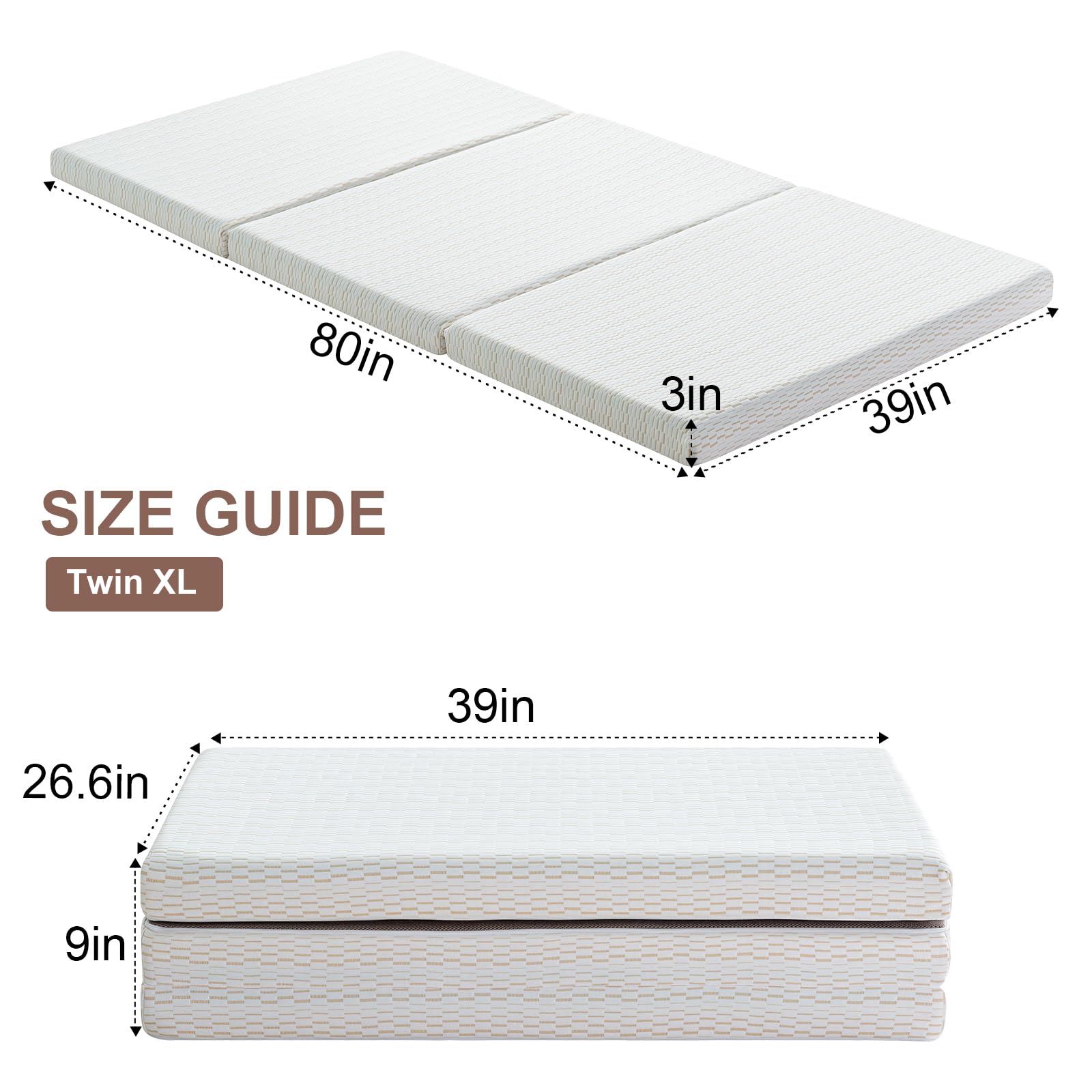 MUUEGM 3 Inch Foldable Mattress Trifold Mattress Folding Bed,Memory Foam Floor Sleeping Mattress,Portable Trifold Toddler Bed Mattress XL Twin Silver Golden