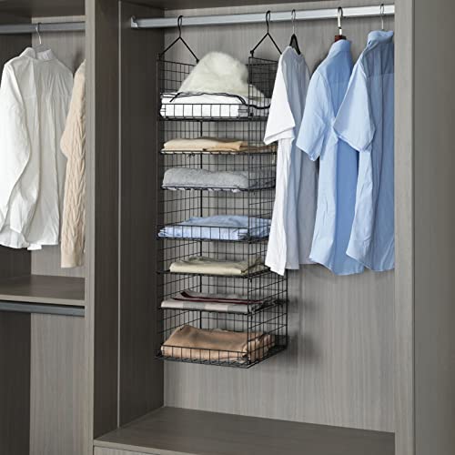 Yuyetuyo 7-Shelf Adjustable Hanging Closet Organizer, Wall Mount Clothes Shelves with 6 Adjustable Dividers for Socks Clothing Sweaters Shoes Handbags,Black