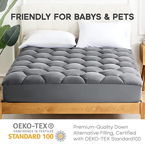 SONIVE Waterproof Mattress Pad Ultra Fluffy Soft Breathable Noiseless Quilted Fitted Mattress Protector Premuim Alternative Filling Topper Deep Pocket up to 21'' (Grey, Queen)