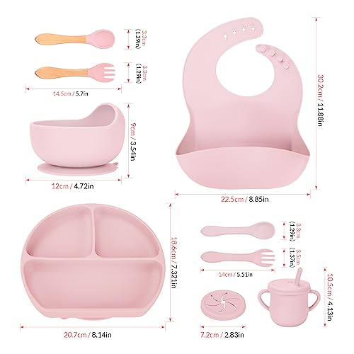 Silicone Baby Feeding Set - REIKTLUD Baby Led Weaning Supplies - Silicone Suction Bowls Divided Plates, Sippy and Snack Cup - Toddler Self Feeding Eating Utensils Set with Bib, Spoons, Fork (Pink)