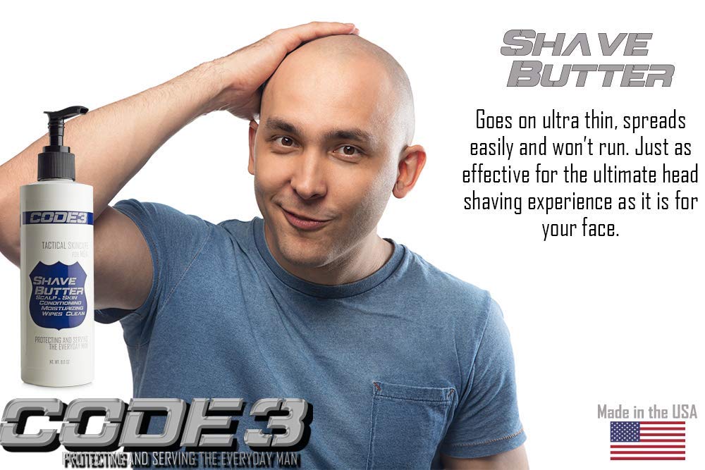 CODE 3 Shave Butter- Best Mens Moisturizing Shave Butter for Head and Face with Essential Oils and Shea Butter for an Irritation Free Shaving Experience, 8oz.